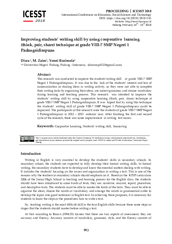 (PDF) Improving students’ writing skill by using cooperative learning (think, pair, share ...