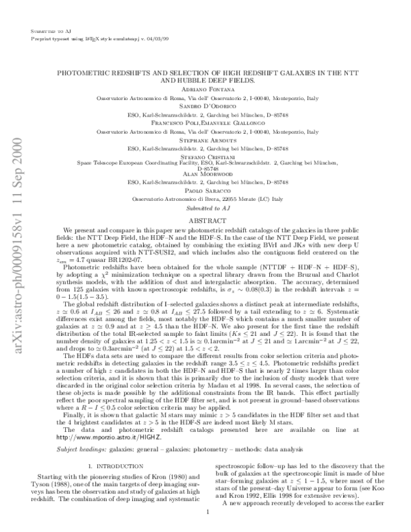 (PDF) Photometric Redshifts and Selection of High-Redshift Galaxies in ...