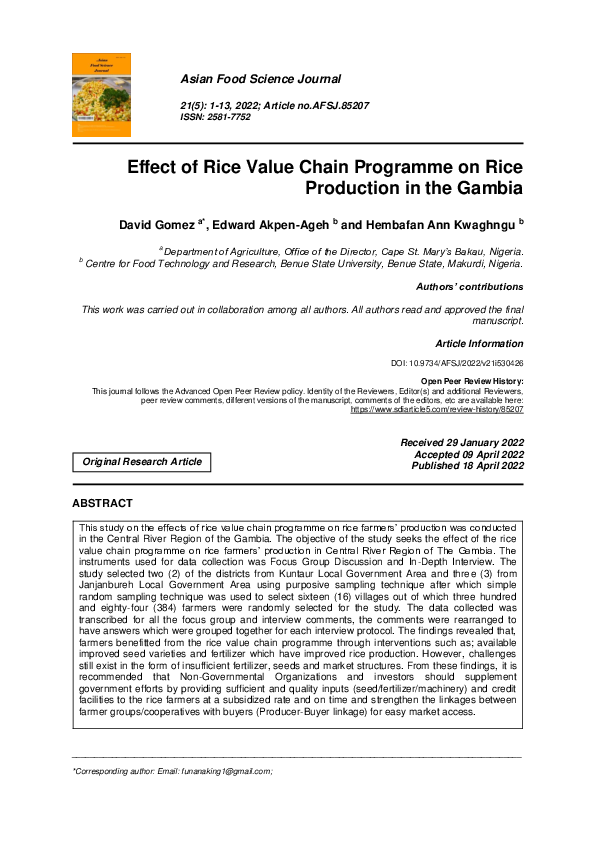 (PDF) Effect of Rice Value Chain Programme on Rice Production in the Gambia