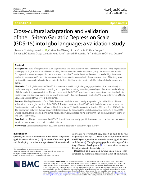 (PDF) Cross-cultural adaptation and validation of the 15-item Geriatric Depression Scale (GDS-15 ...