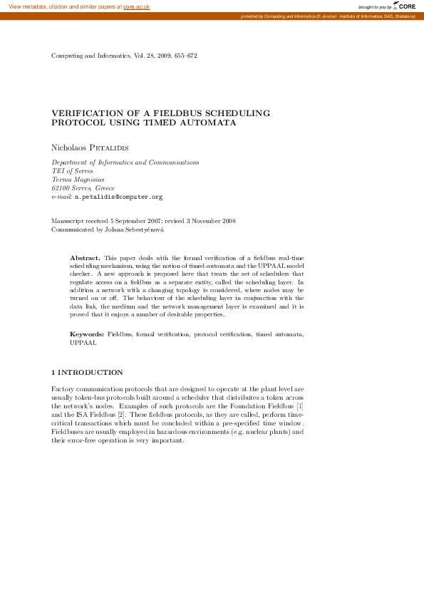 (PDF) Verification of a fieldbus scheduling protocol using timed automata