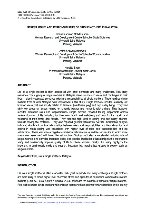 (PDF) Stress, Roles and Responsibilities of Single Mothers in Malaysia