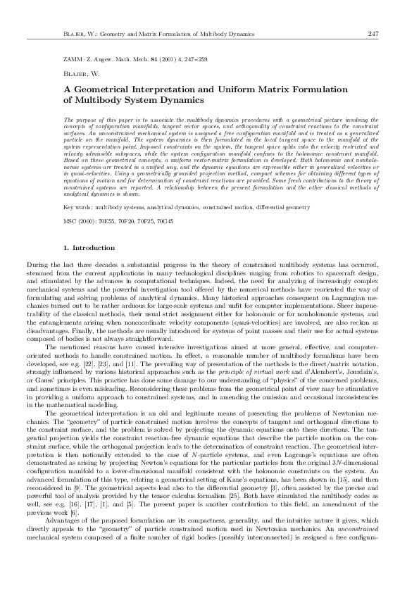 (PDF) A Geometrical Interpretation and Uniform Matrix Formulation of Multibody System Dynamics