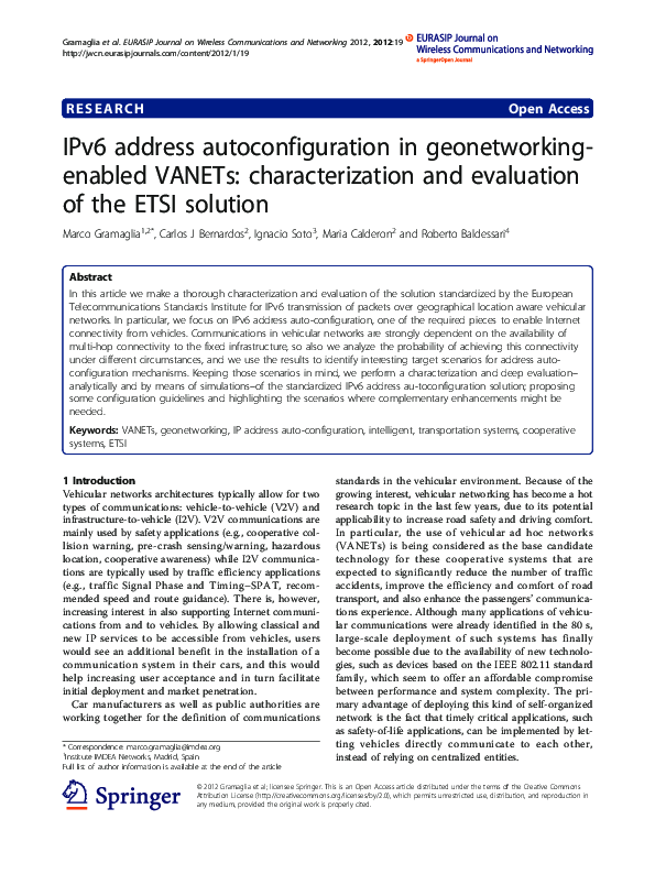 (PDF) IPv6 address autoconfiguration in geonetworking-enabled VANETs: characterization and ...