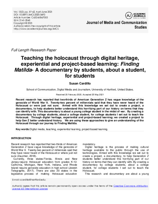 (PDF) Teaching the holocaust through digital heritage, experiential and ...