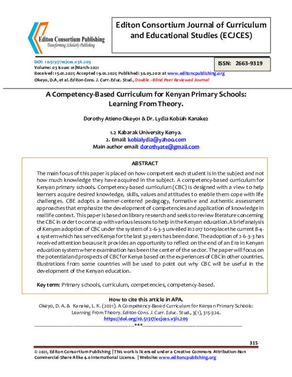 (PDF) A Competency-Based Curriculum for Kenyan Primary Schools ...