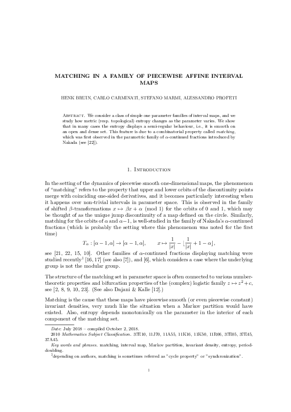 (PDF) Matching in a Family of Piecewise Affine Interval Maps