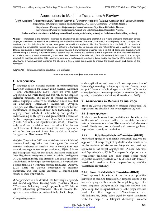(PDF) Approaches to Machine Translation: A Review