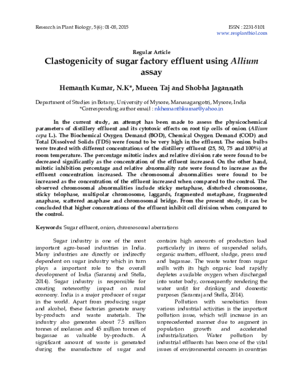 (PDF) Clastogenicity of sugar factory effluent using Allium assay ...