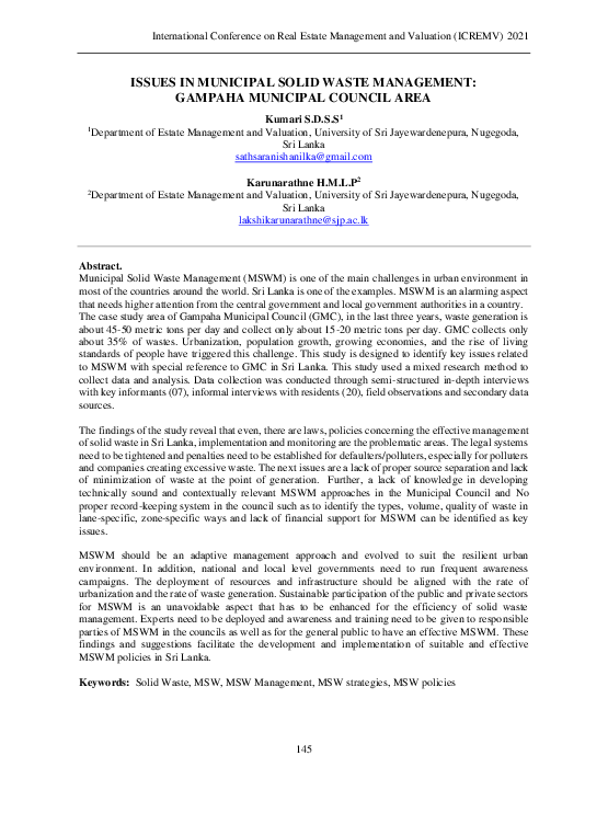 (PDF) ISSUES IN MUNICIPAL SOLID WASTE MANAGEMENT: GAMPAHA MUNICIPAL ...
