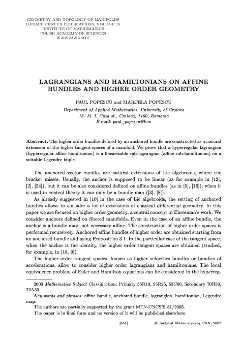(PDF) Lagrangians and hamiltonians on affine bundles and higher order geometry