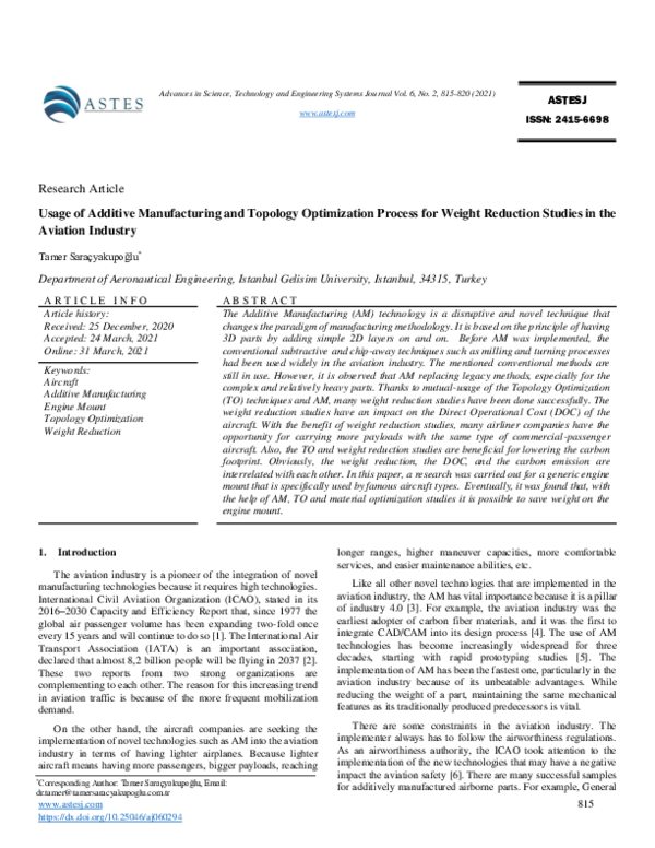 (PDF) Usage of Additive Manufacturing and Topology Optimization Process ...