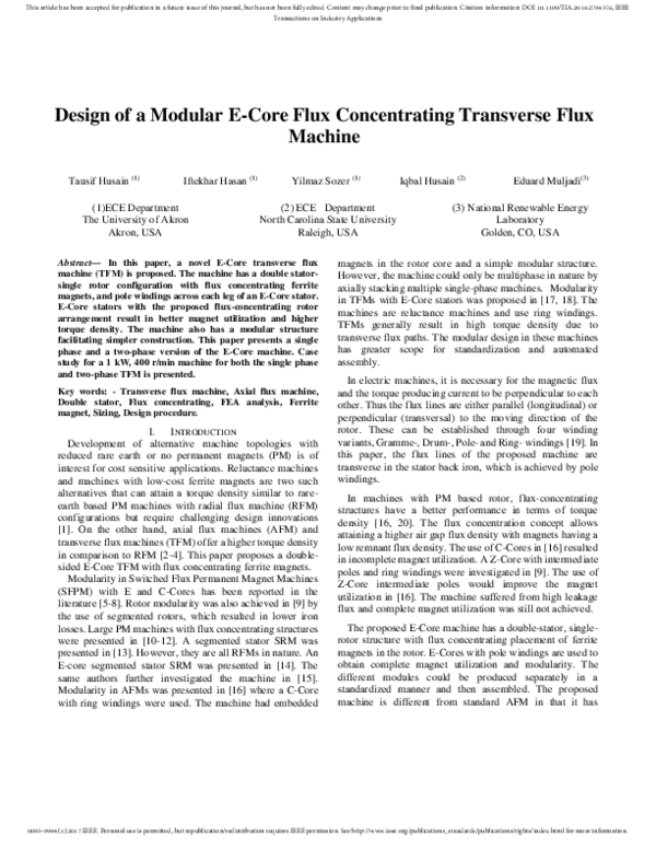 (PDF) Design of a Modular E-Core Flux Concentrating Transverse Flux Machine