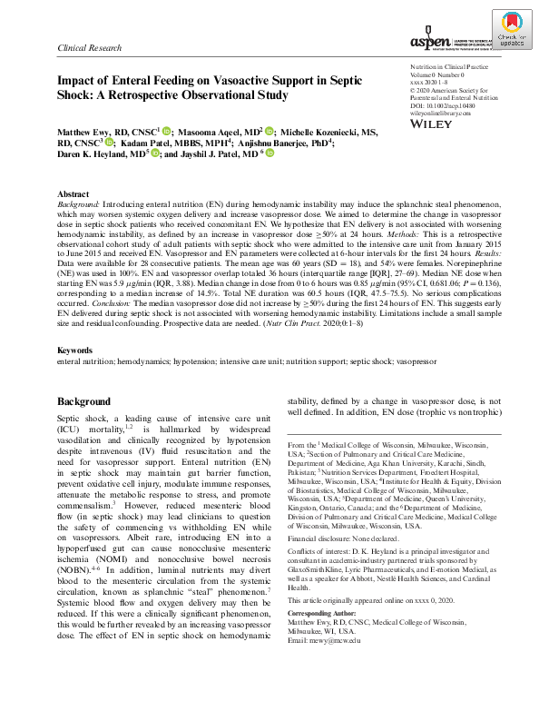 (PDF) Impact of Enteral Feeding on Vasoactive Support in Septic Shock ...