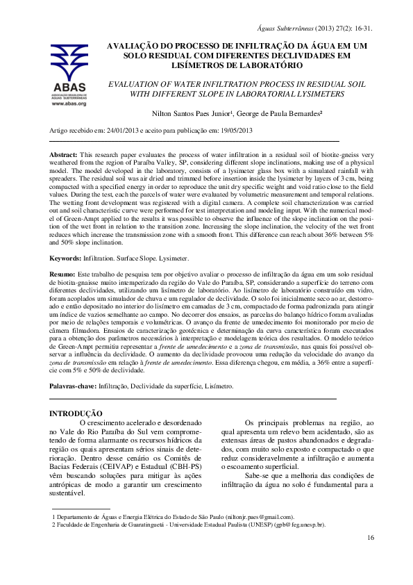 (PDF) Avaliação do processo de infiltração da água em solo residual de ...
