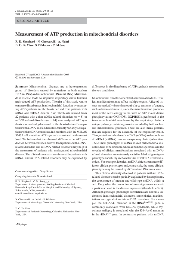 (PDF) Measurement of ATP production in mitochondrial disorders