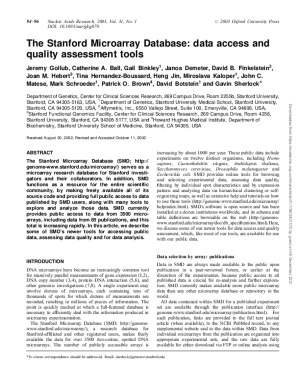 (PDF) The Stanford Microarray Database: data access and quality assessment tools