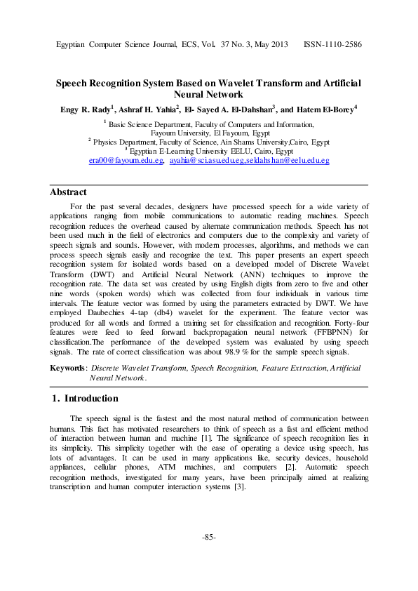 (PDF) Speech Recognition System Based on Wavelet Transform and Artificial Neural Network