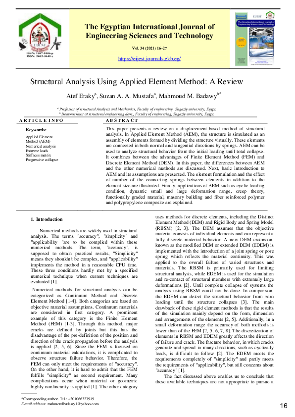 (PDF) Structural Analysis Using Applied Element Method: A Review