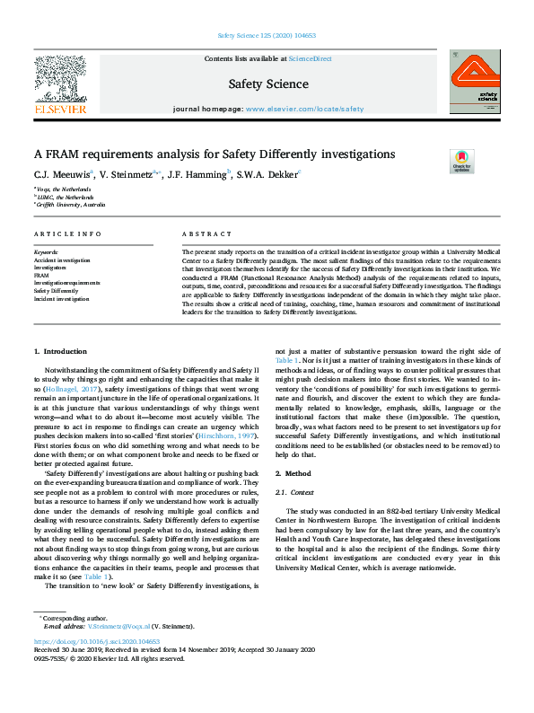 (PDF) A FRAM requirements analysis for Safety Differently investigations