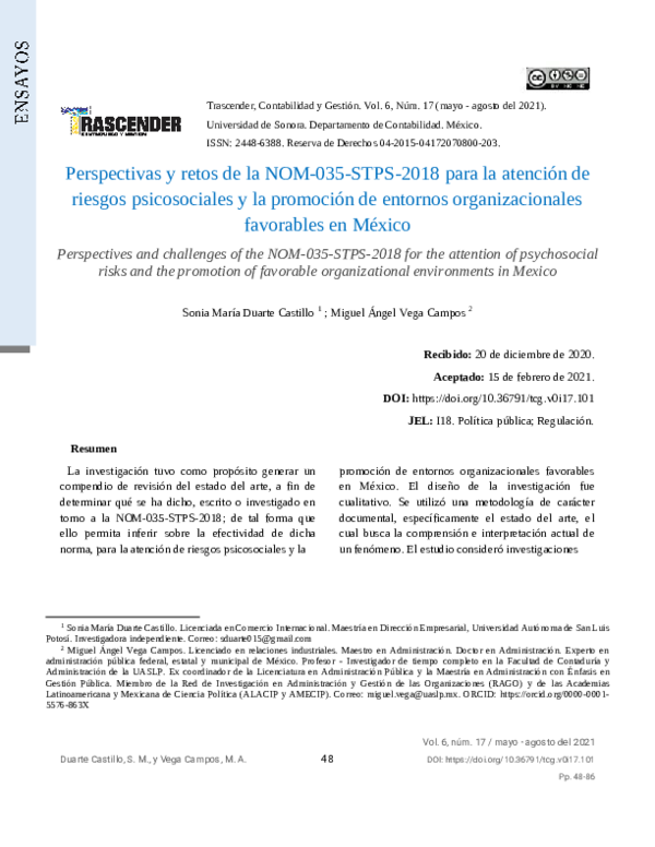 (PDF) Perspectivas y retos de la NOM-035-STPS-2018 para la atención de ...