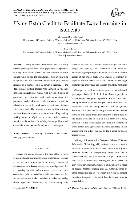 (PDF) Using Extra Credit to Facilitate Extra Learning in Students