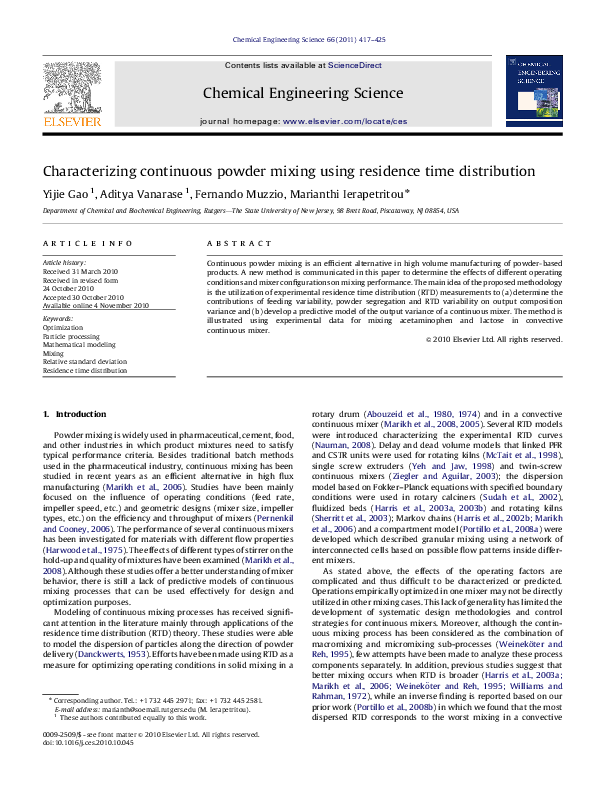 (PDF) Characterizing continuous powder mixing using residence time distribution