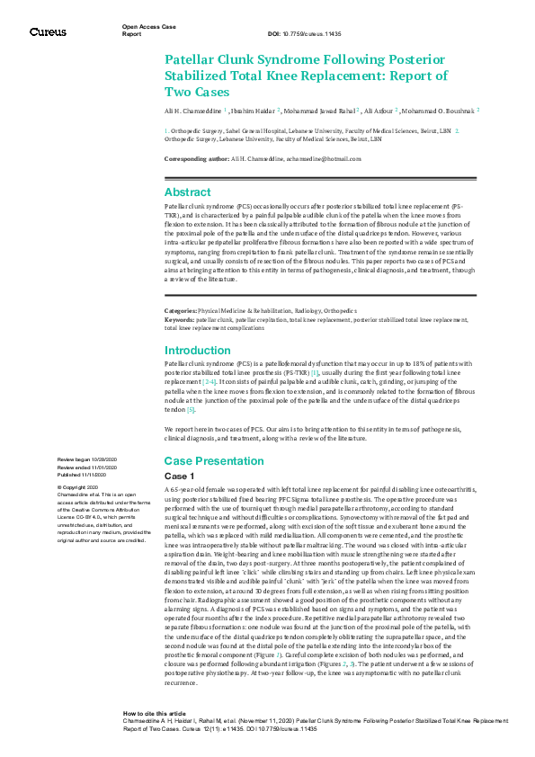 PDF Patellar Clunk Syndrome Following Posterior Stabilized Total Knee pdf-patellar-clunk-syndrome-following-posterior-stabilized-total-knee