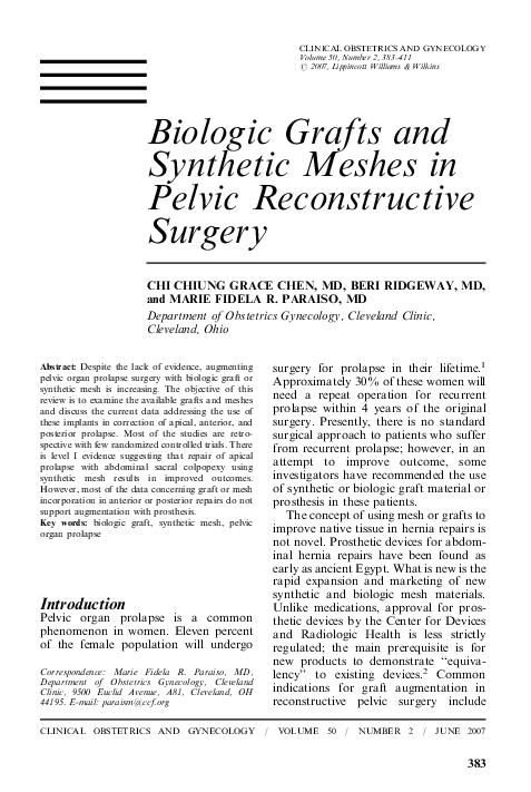 (PDF) Biologic Grafts and Synthetic Meshes in Pelvic Reconstructive Surgery