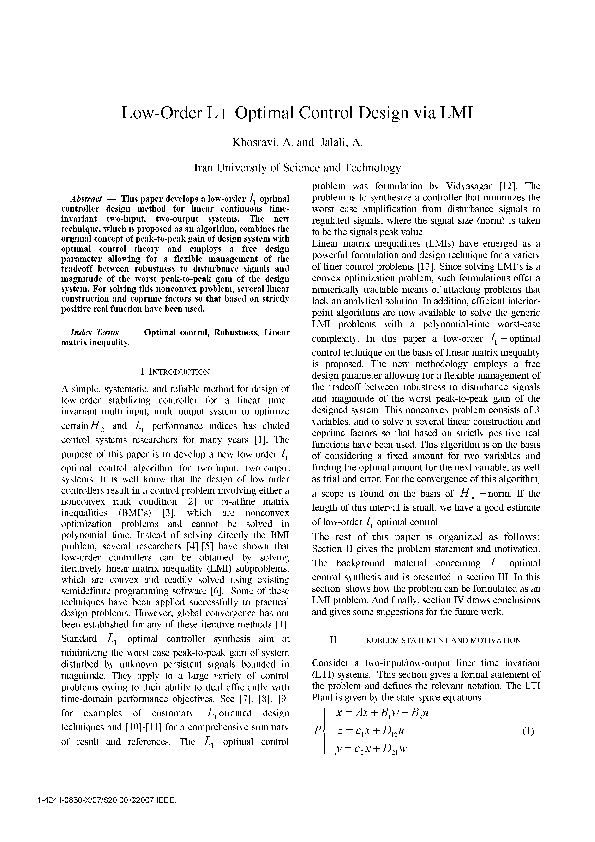 (PDF) Low-Order L1 Optimal Control Design via LMI