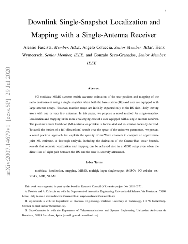 Pdf Downlink Single Snapshot Localization And Mapping With A Single Antenna Receiver