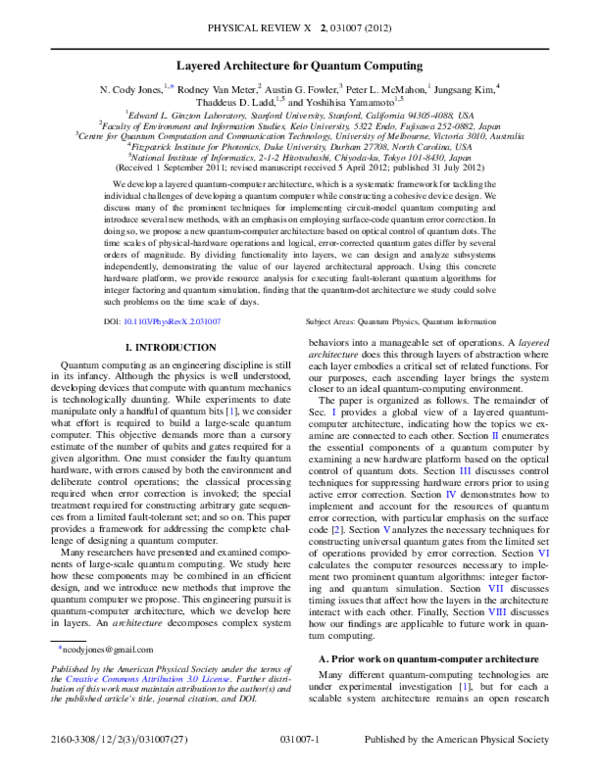 (PDF) Layered Architecture for Quantum Computing