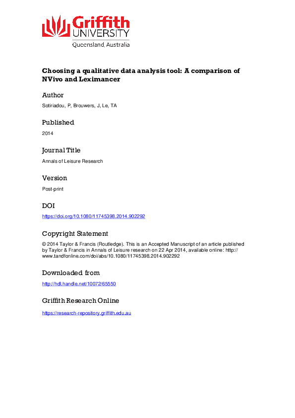 (PDF) Choosing a qualitative data analysis tool: a comparison of NVivo and Leximancer