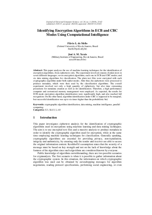 Pdf Identifying Encryption Algorithms In Ecb And Cbc Modes Using Computational Intelligence 1830