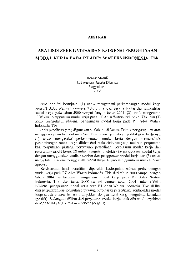 (PDF) Analisis efektivitas dan efisiensi penggunaan modal kerja pada PT Ades Waters Indonesia, Tbk