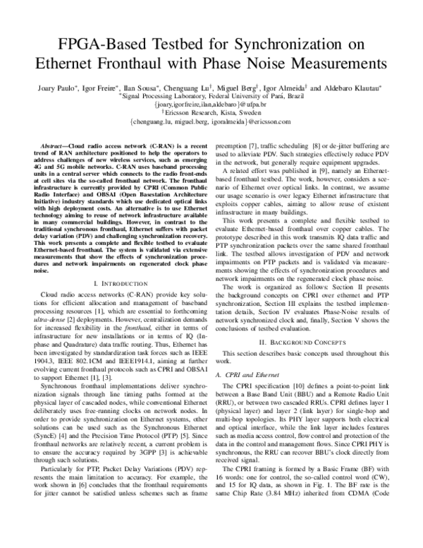 Pdf Fpga Based Testbed For Synchronization On Ethernet Fronthaul With
