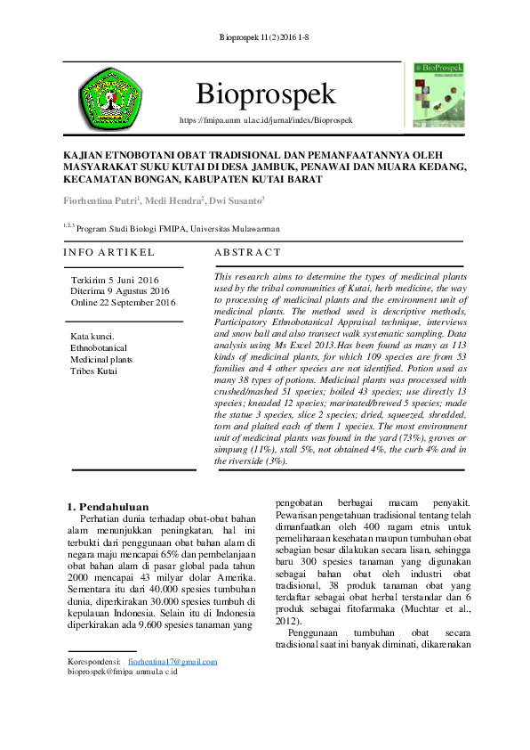 (PDF) Kajian Etnobotani Obat Tradisional Dan Pemanfaatannya Oleh ...