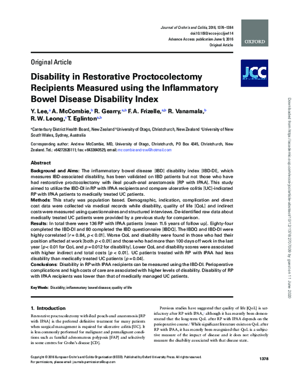 (PDF) Disability in restorative proctocolectomy recipients measured ...