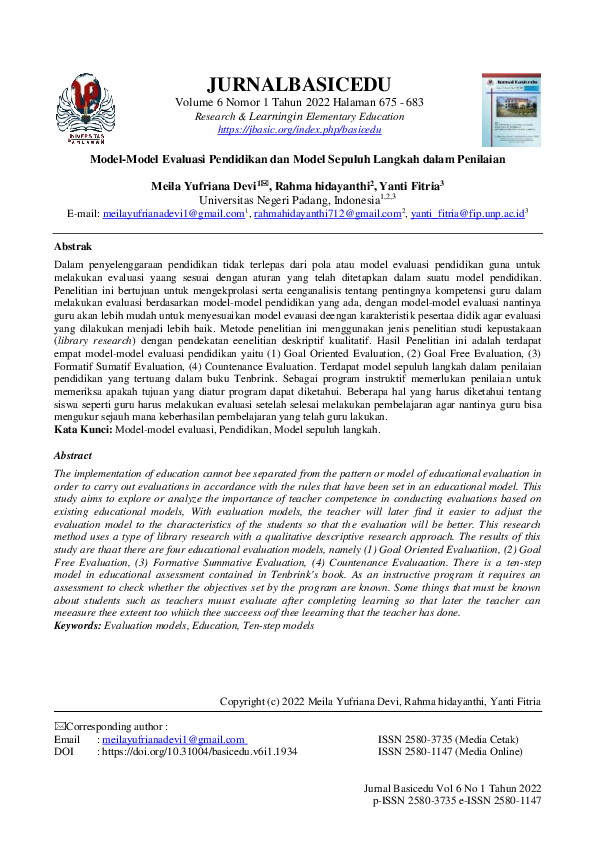 (PDF) Model-Model Evaluasi Pendidikan dan Model Sepuluh Langkah dalam Penilaian