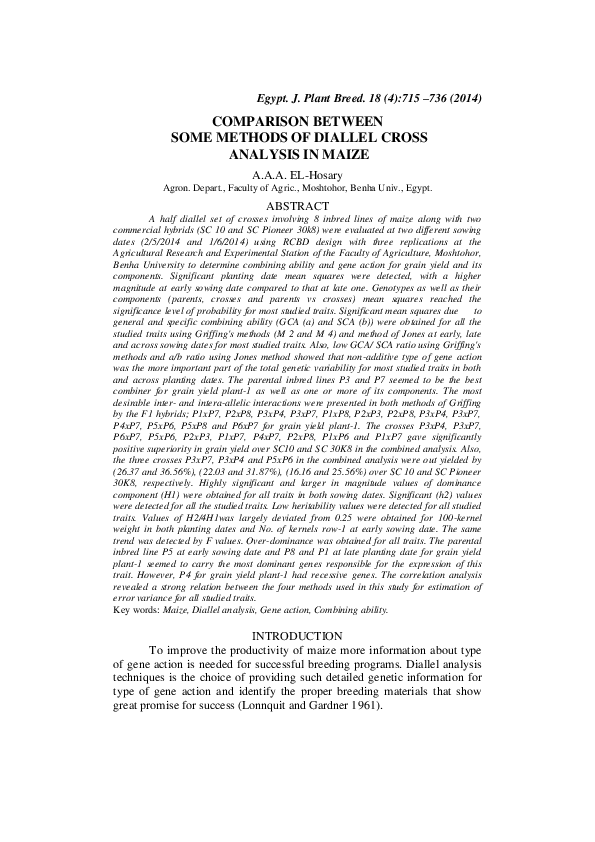 (PDF) Comparison between Some Methods of Diallel Cross Analysis in Maize