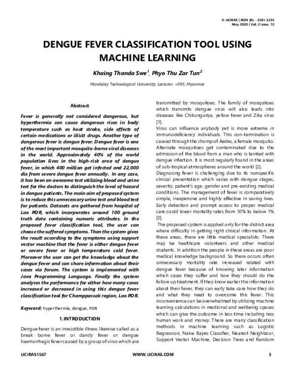 Pdf Dengue Fever Classification Tool Using Machine Learning