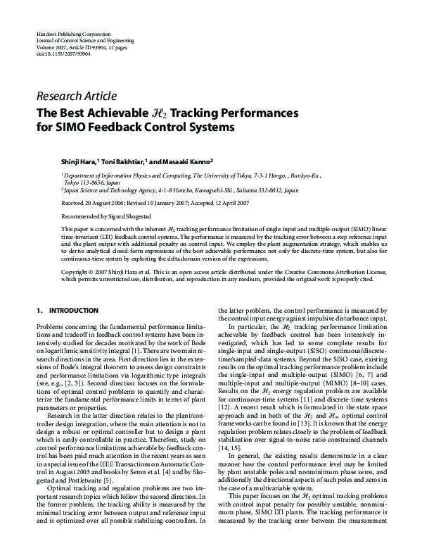 (PDF) The Best Achievableℋ2Tracking Performances for SIMO Feedback ...