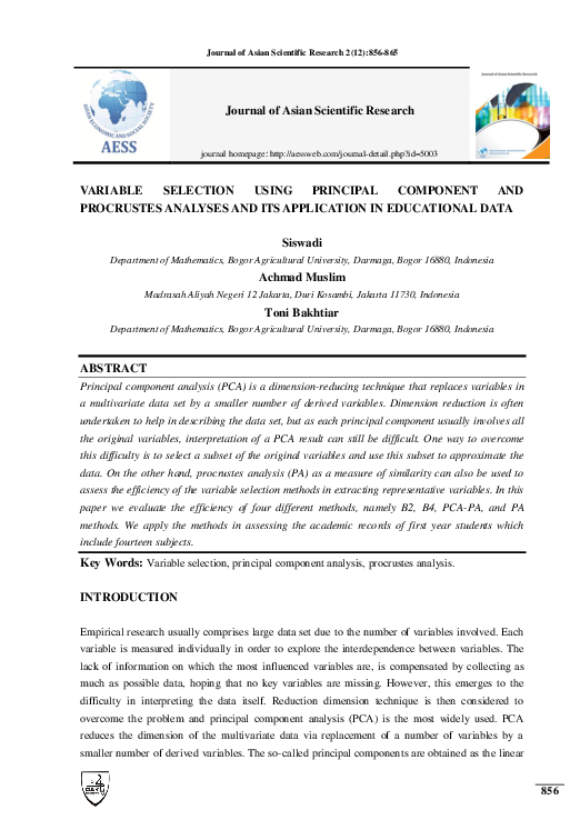 (PDF) Variable Selection Using Principal Component Analysis and Partial Correlation
