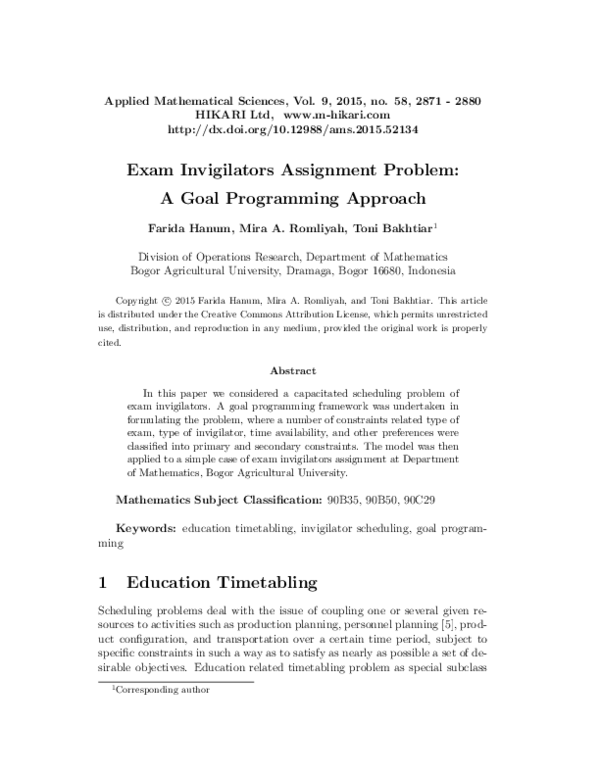 (PDF) Exam invigilators assignment problem: a goal programming approach