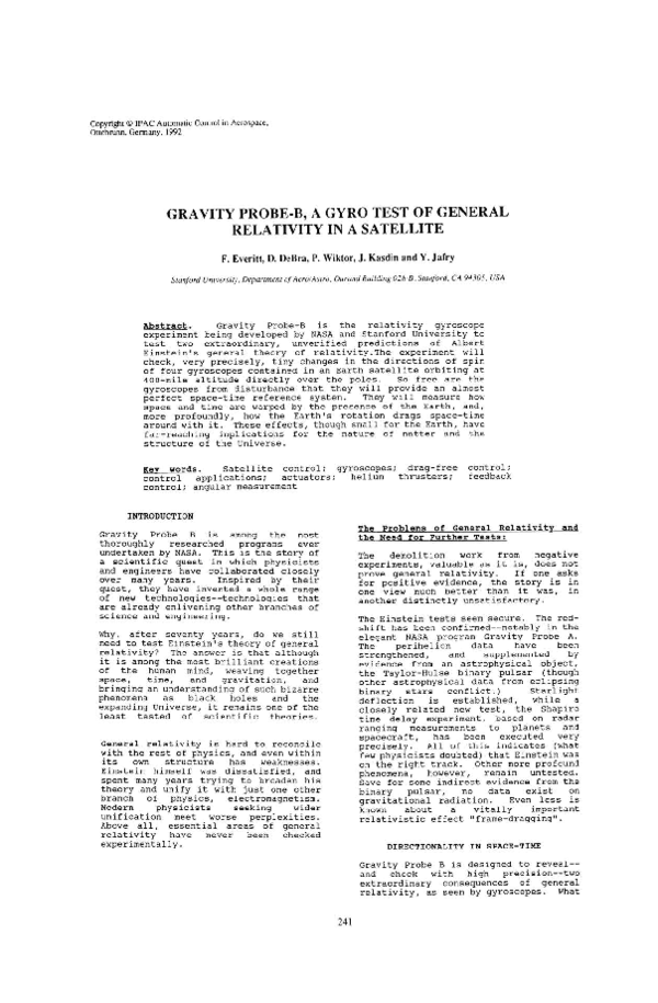 (PDF) Gravity Probe-B, a Gyro Test of General Relativity in a Satellite
