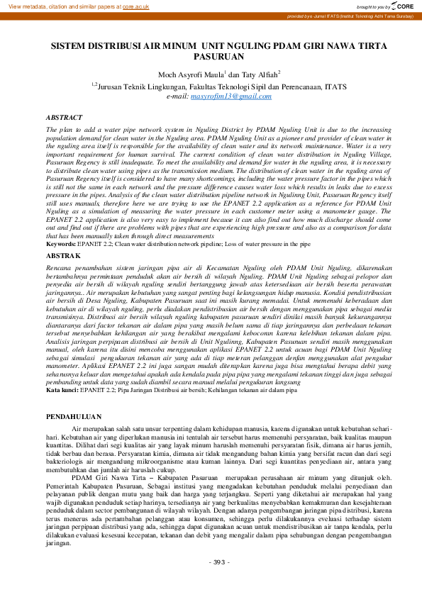 (PDF) Sistem Distribusi Air Minum Unit Nguling Pdam Giri Nawa Tirta Pasuruan