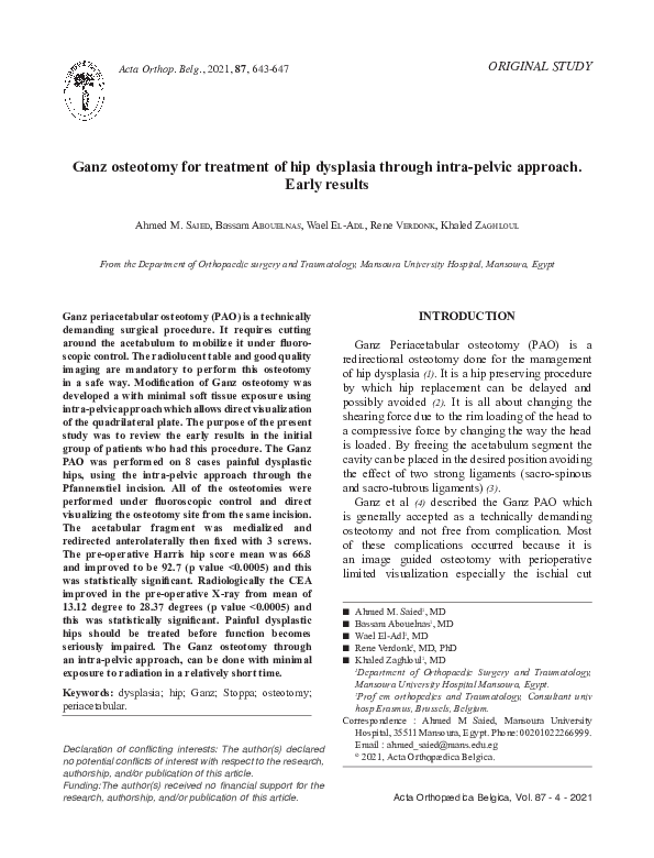 (PDF) Ganz osteotomy for treatment of hip dysplasia through intra ...