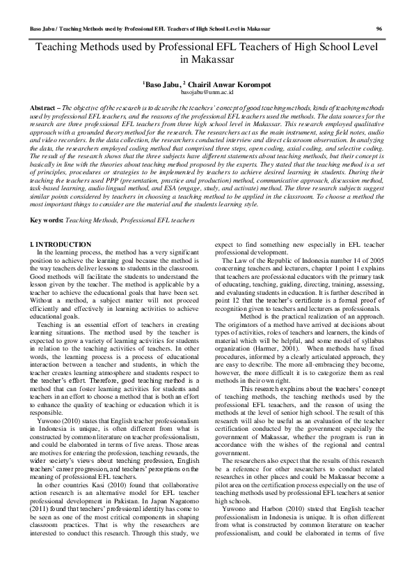 (PDF) Teaching Methods used by Professional EFL Teachers of High School ...