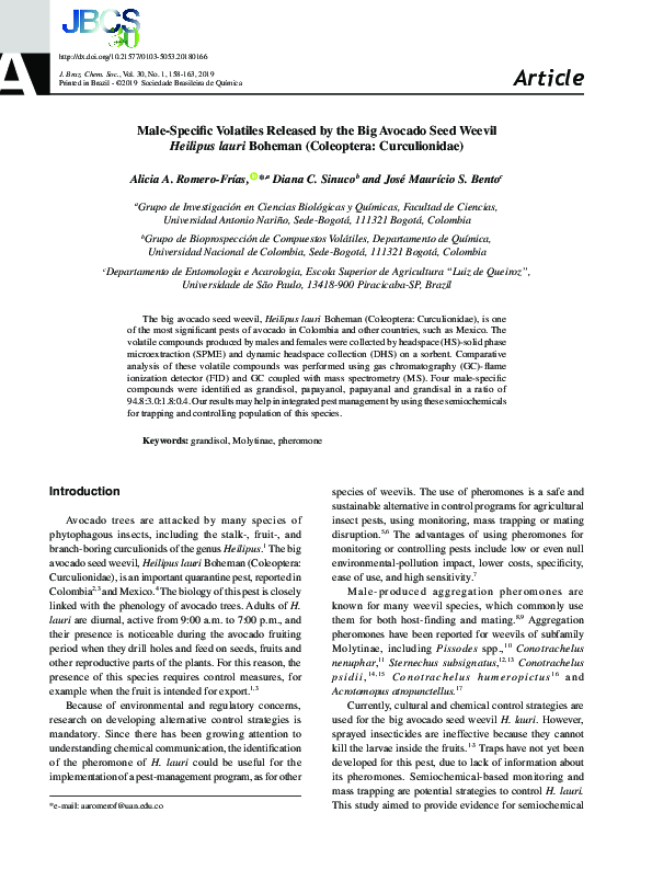 (PDF) Male-Specific Volatiles Released by the Big Avocado Seed Weevil ...