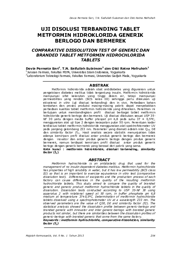 (PDF) Uji Disolusi Terbanding Tablet Metformin Hidroklorida Generik Berlogo Dan Bermerek